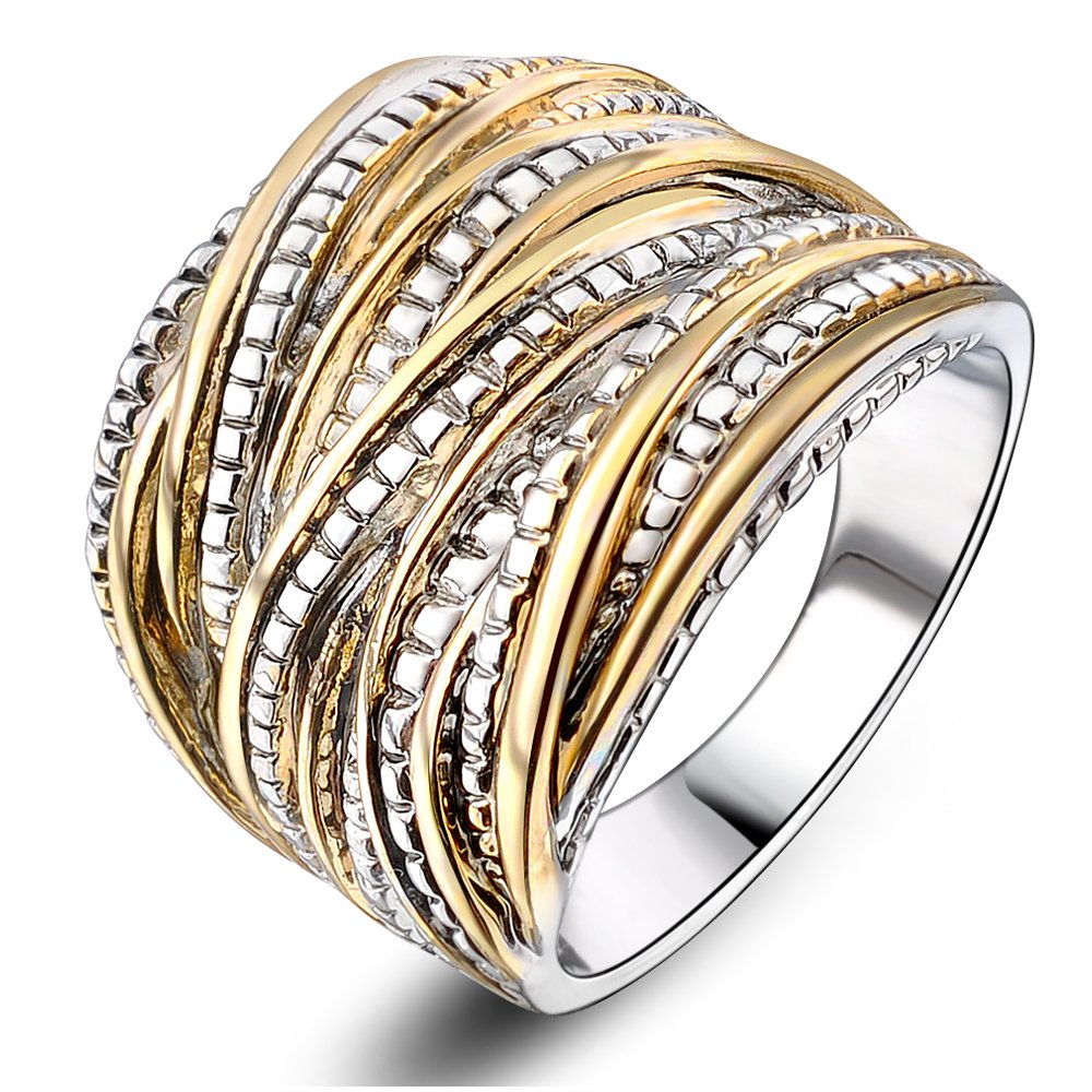 Mytys 2 Tone Intertwined Crossover Statement Ring Fashion Chunky Band Rings for Women Black Gold Silver Rose Gold Plated Wide Index Finger Rings Costume Jewelry (gold and silver size 7)
