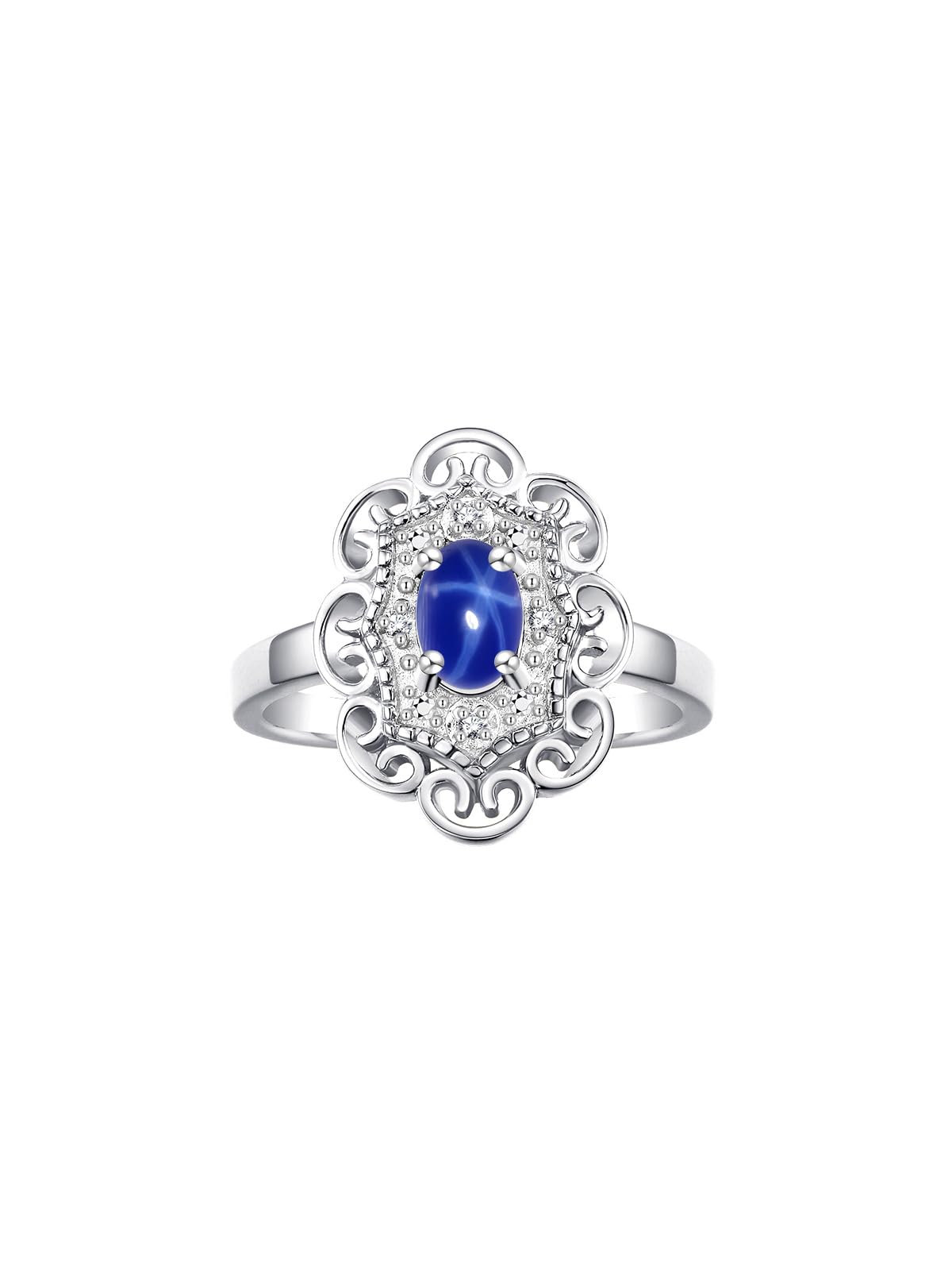 Rylos Sterling Silver Floral Designer Ring with 6x4 MM Oval Blue Star Sapphire Gemstone & Sparkling Diamonds - Birthstone Jewelry for Women -Size 7