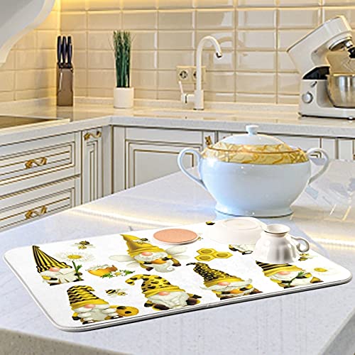 Yellow Gnomes Bee Absorbent Dish Drying Mat Reversible 16"x18",Summer Honey Sweet Drying Pad Protector for Kitchen Counter Sinks Dining Table