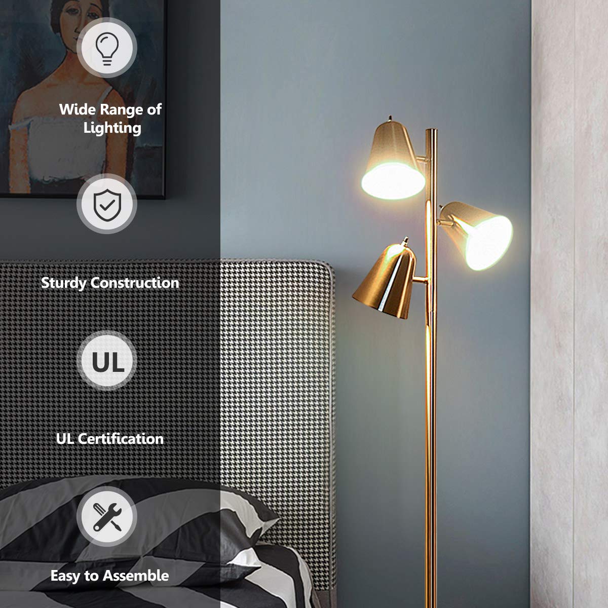 Tangkula 3-Light Floor Lamp, 64β Mid Century Modern Standing Tall Pole Lamp with 3 LED Bulbs and Adjustable Heads, Reading Light for Living Room Bedroom, 360 Lighting (Antique Brass)