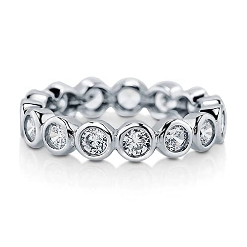 TwoBirch Platinum Plated Sterling Silver Bezel Set Round Cut Moissanite Eternity Ring (GRA CERTIFIED) (3 MM) SIZE 8