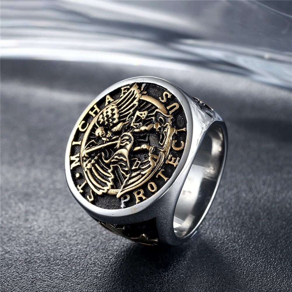 Vintage Stainless Steel Angel Michael Ring for Men Boy Punk Christian Knight Saint Michael Protect Us Ring Jewelry Gift, Between Gold, 11