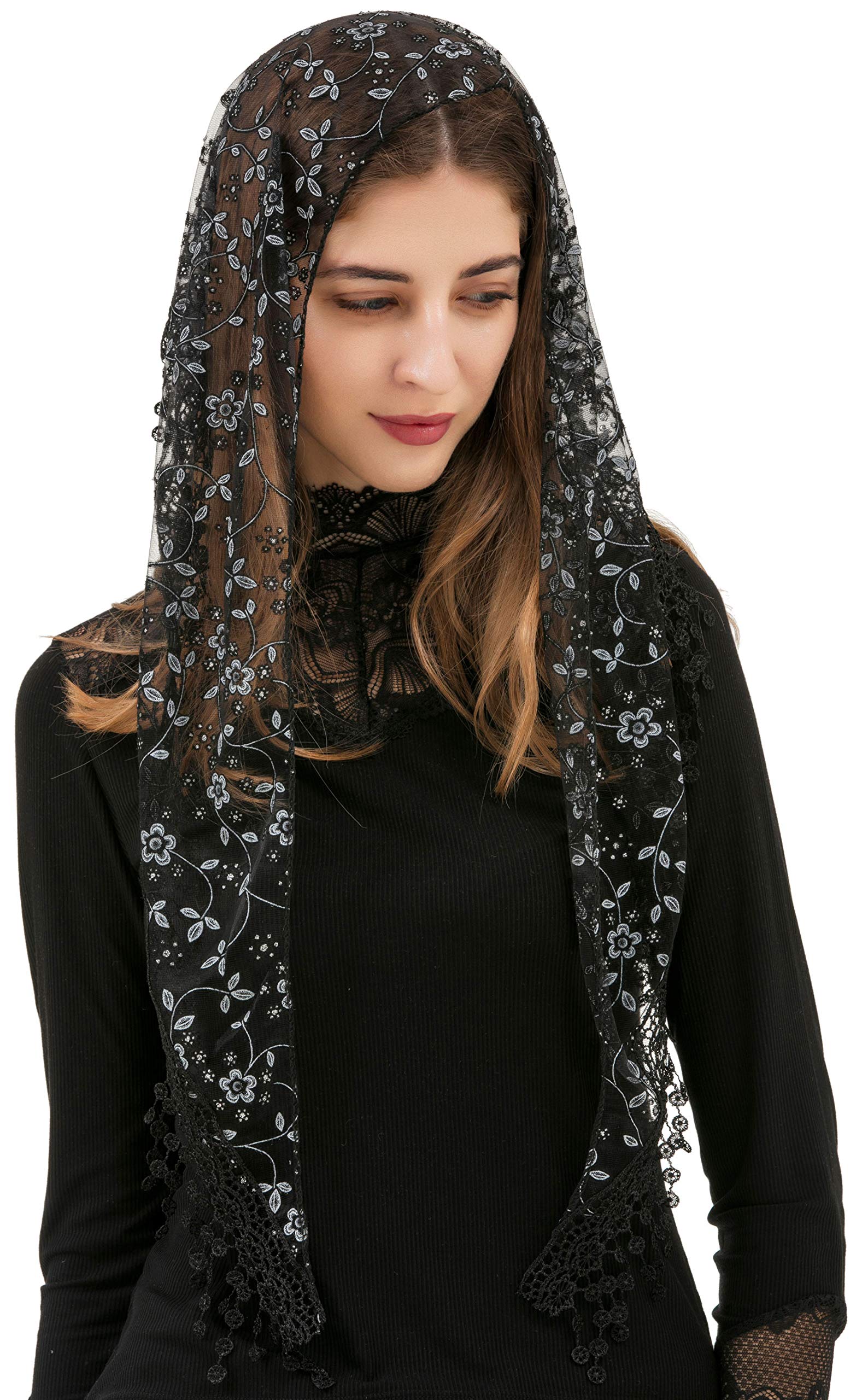 PAMOR Triangle Lace Veil Mantilla Cathedral Head Covering Chapel Veil for Mass Wedding Bridesmaids (Black)
