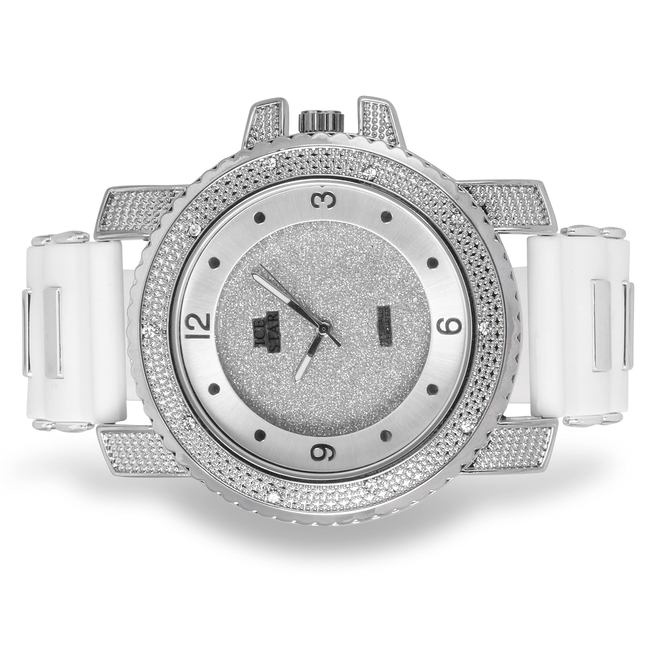 Techno Pave Men's Oversized 52mm Iced Numeral Dial Watch - Silver White Dial