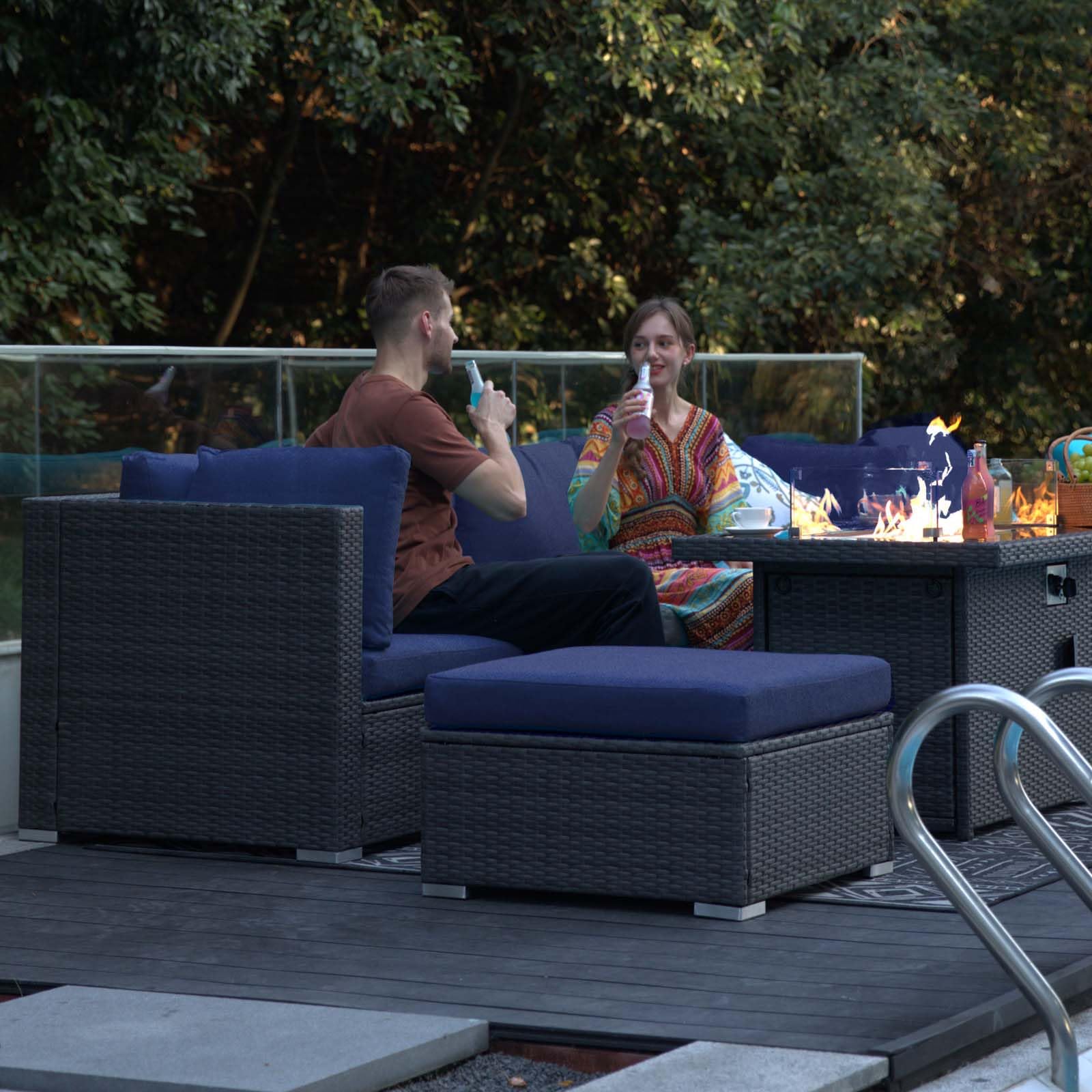 NICESOULĀ® Large 9 Piece Outdoor Patio Furniture Set with Fire Pit Table,29.3'' High Back Rattan Modular Sectional Sofa Set with Natural Gas/Propane Firepit Navy,2 Colors Cushions