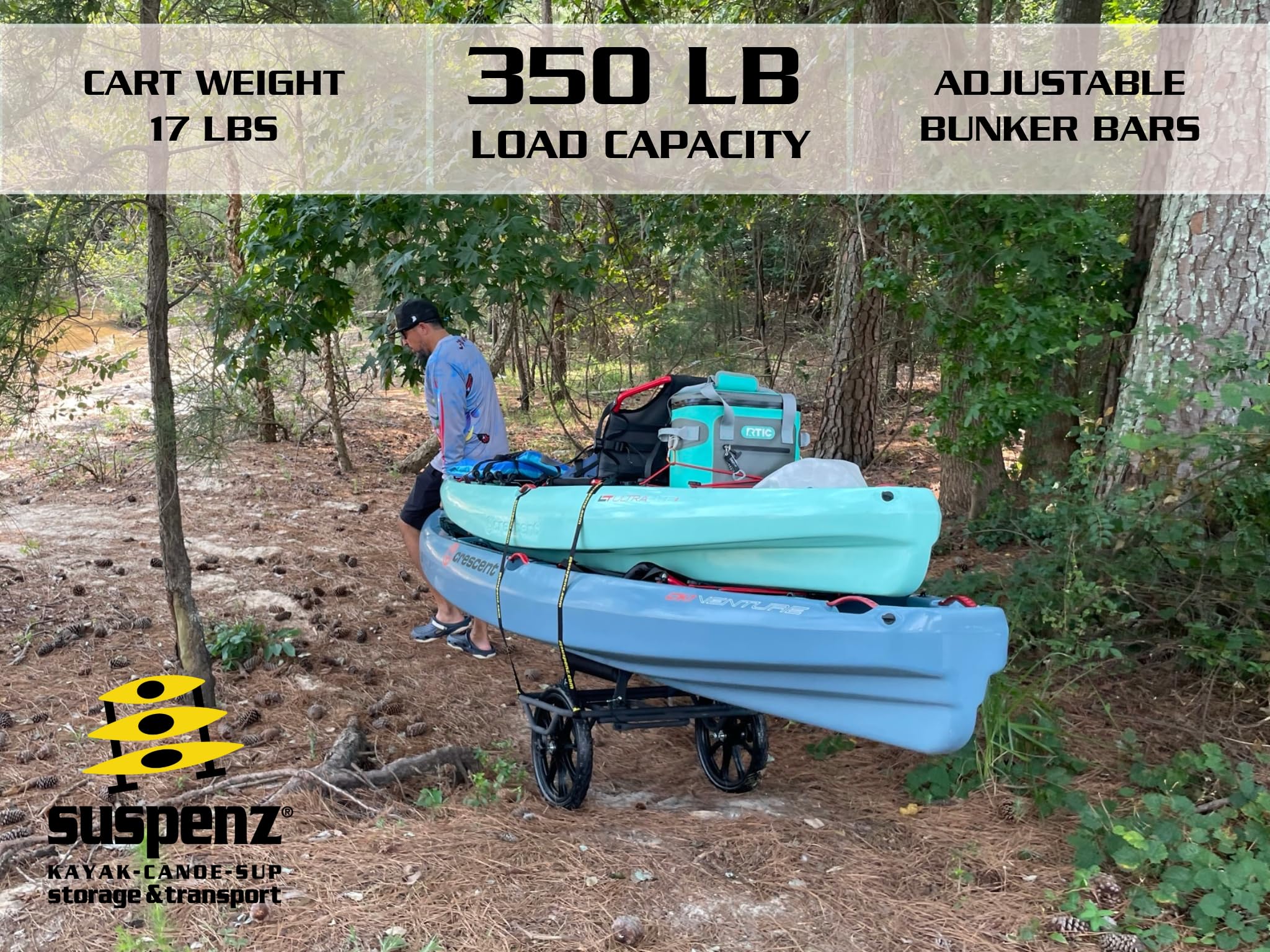Suspenz Kayak Canoe Transport Cart, All-Terrain Super Duty Trolley Carrier with No-Flat Airless Wheels and Kickstand, 300 lb Load Capacity, Black (22-9908)