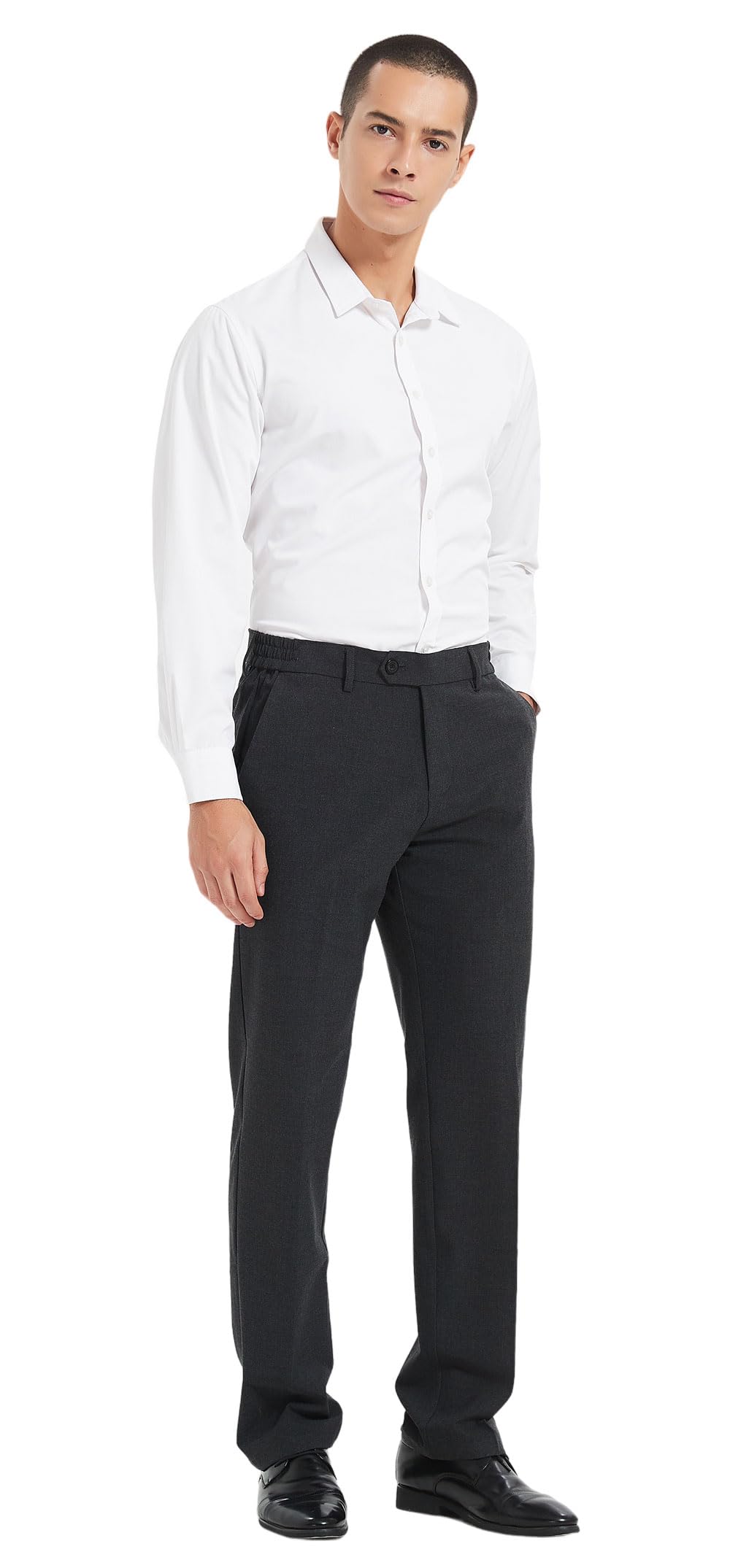 Plaid&Plain Men's Dress Pants with Elastic Waistband and Stretchy Fabric Straight Fit 9802-Charcoal-34WX32L