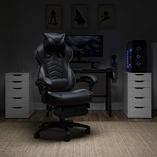 RESPAWN 110 Ergonomic Gaming Chair with Footrest Recliner - Racing Style High Back PC Computer Desk Office Chair - 360 Swivel, Adjustable Lumbar Support, Headrest Pillow, Padded Armrests - 2019 Grey