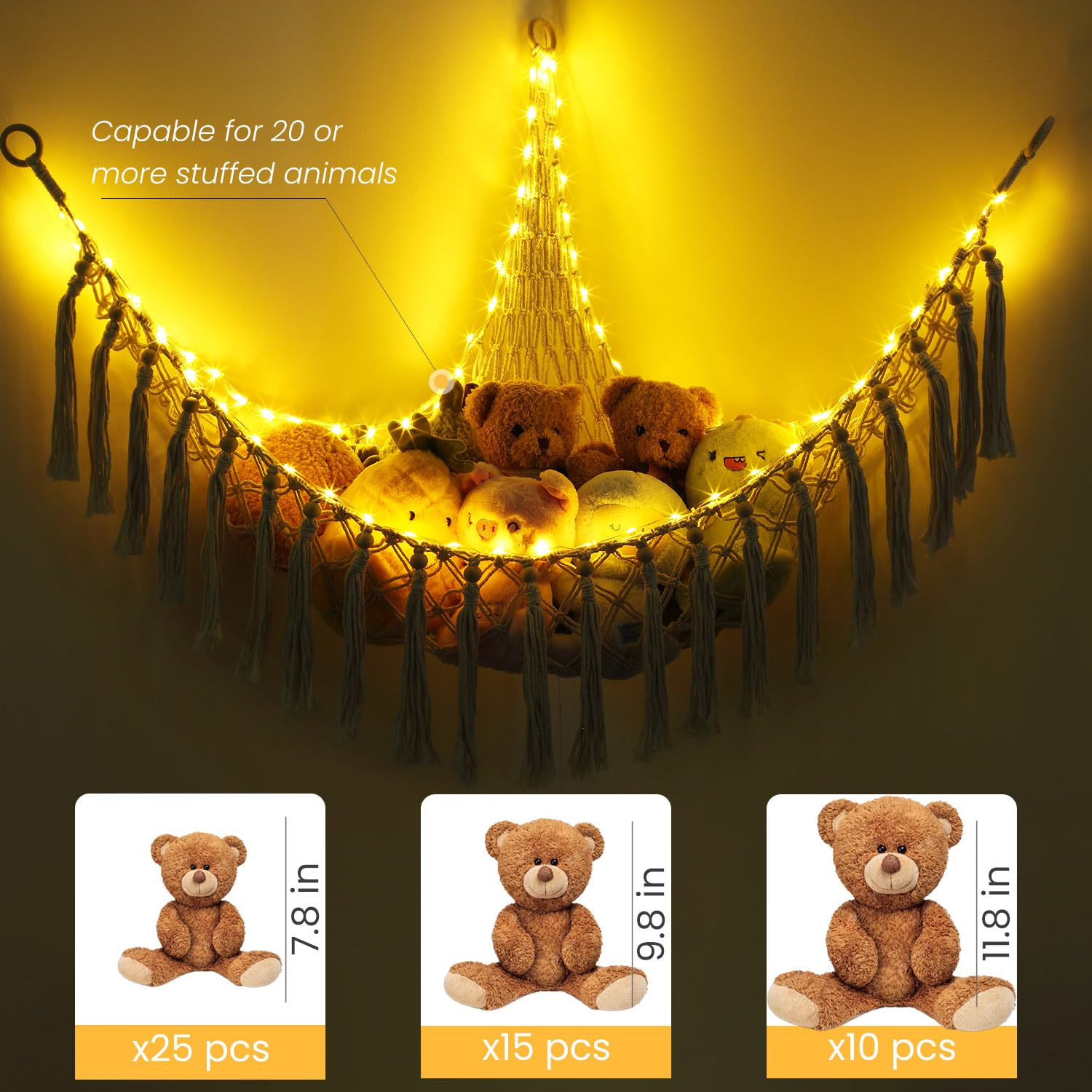 Stuffed Animal Hammock with 75LEDs, Extra Large 55in Toy Storage Macrame Hammock, Hanging Toy Net for Kids Bedroom Doll Room Corner Organizer, USB Plush Toy Hammock with Remote(XL)