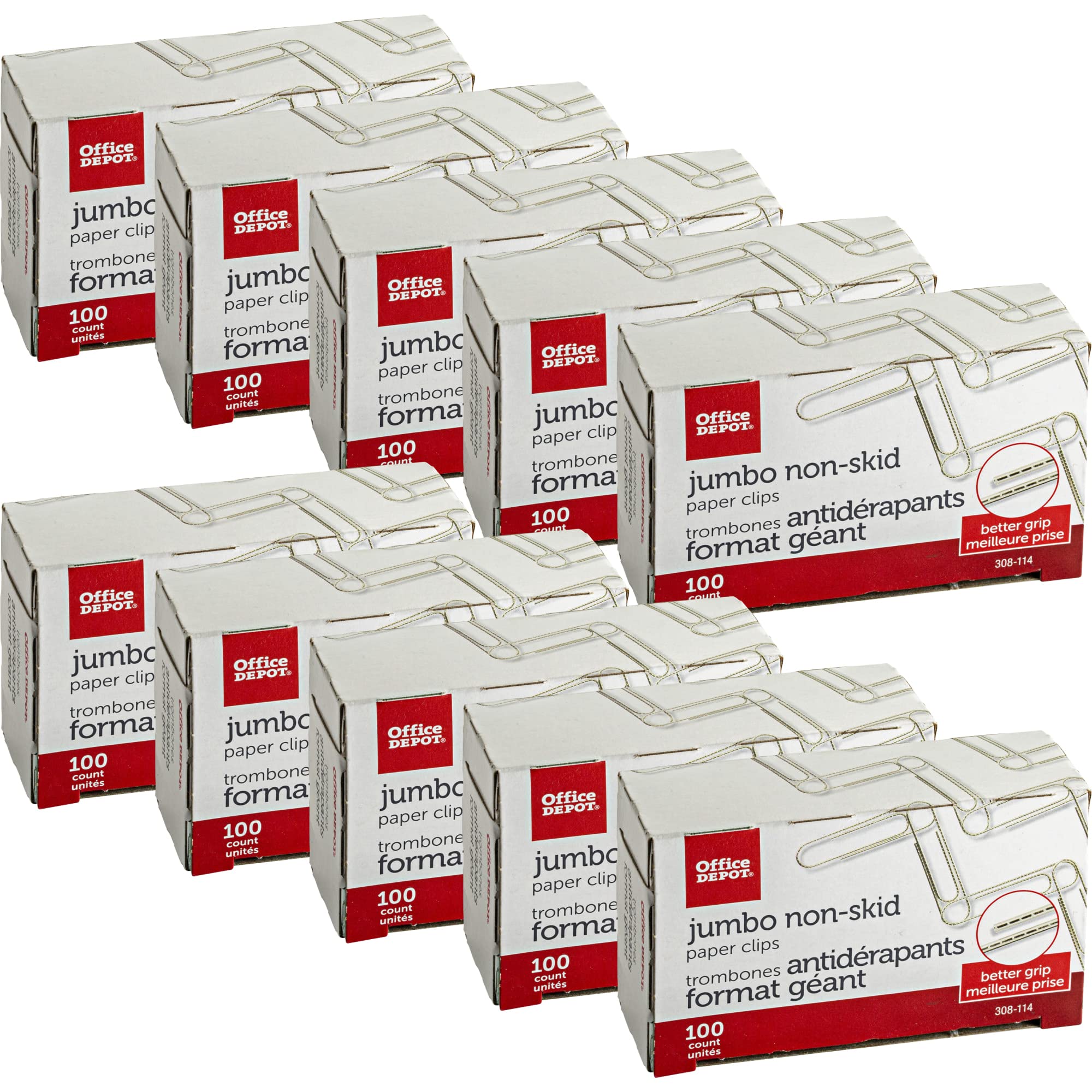 Office Depot Brand Paper Clips, Jumbo, Silver, Nonskid Finish, 100 Clips Per Box, Pack of 10 Boxes
