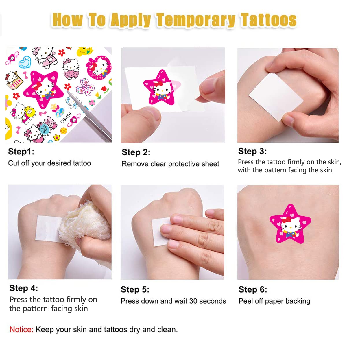 Waterproof Temporary Tattoos for Hello Kitty,Pink Cat Birthday Party Supplies Kids Temporary Tattoo(8 Sheets-6.1inch X 4.3inch)