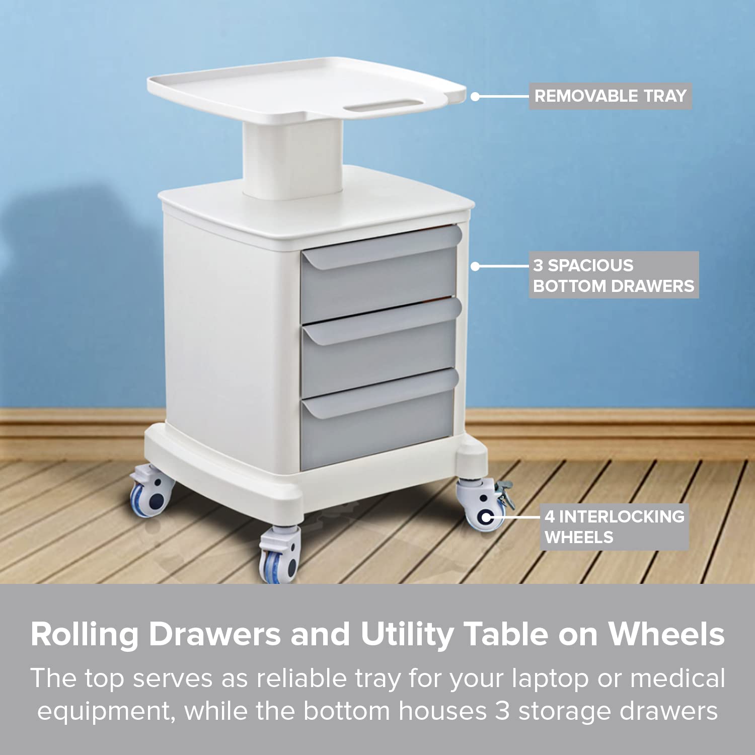 Professional-Grade 3-Drawer Utility Cart on Wheels - Trolley Cart w/ 3 Drawers & Utility Desk - Mobile Storage Cart, Cavitation Machine, Salon Supplies - Max 50kg/110lb Load…