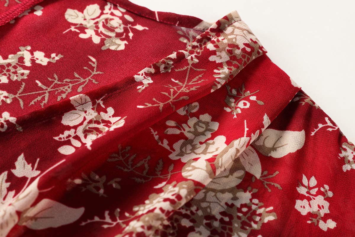olrain Women's Floral Print Sheer 3/4 Sleeve Chiffon Duster Plus Size Kimono Cardigan Capes (Large, Red Floral)
