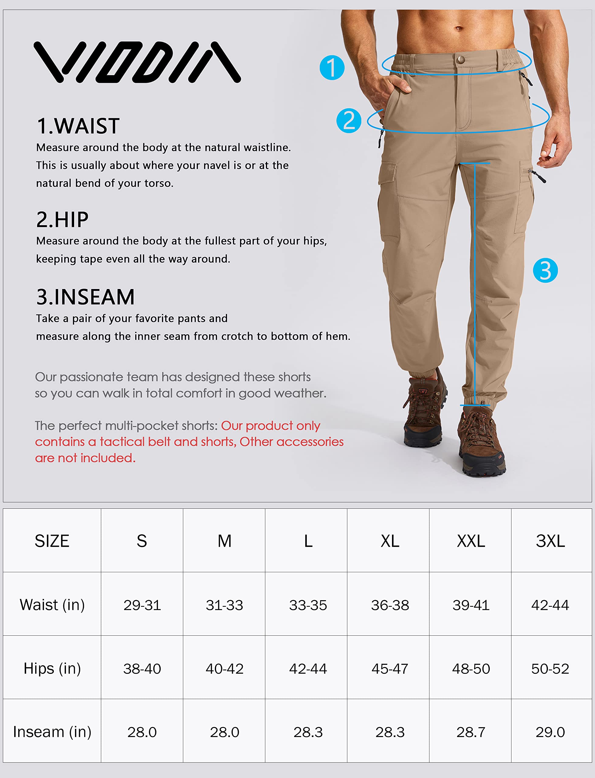 Viodia Men's Hiking Cargo Pants with 6 Pockets Ripstop Waterproof Stretch Joggers Pants for Men Golf Work Travel Light Khaki