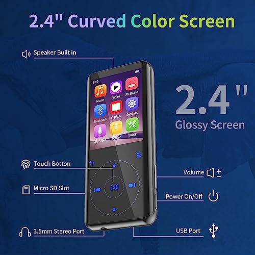 RUIZU 64GB MP3 Player with Bluetooth 5.3: Portable Music Player with Speaker, FM Radio, Voice Recorder, HiFi Lossless Digital Audio Video Playback, 2.4" Curved Screen, Touch Buttons, Supports 128GB