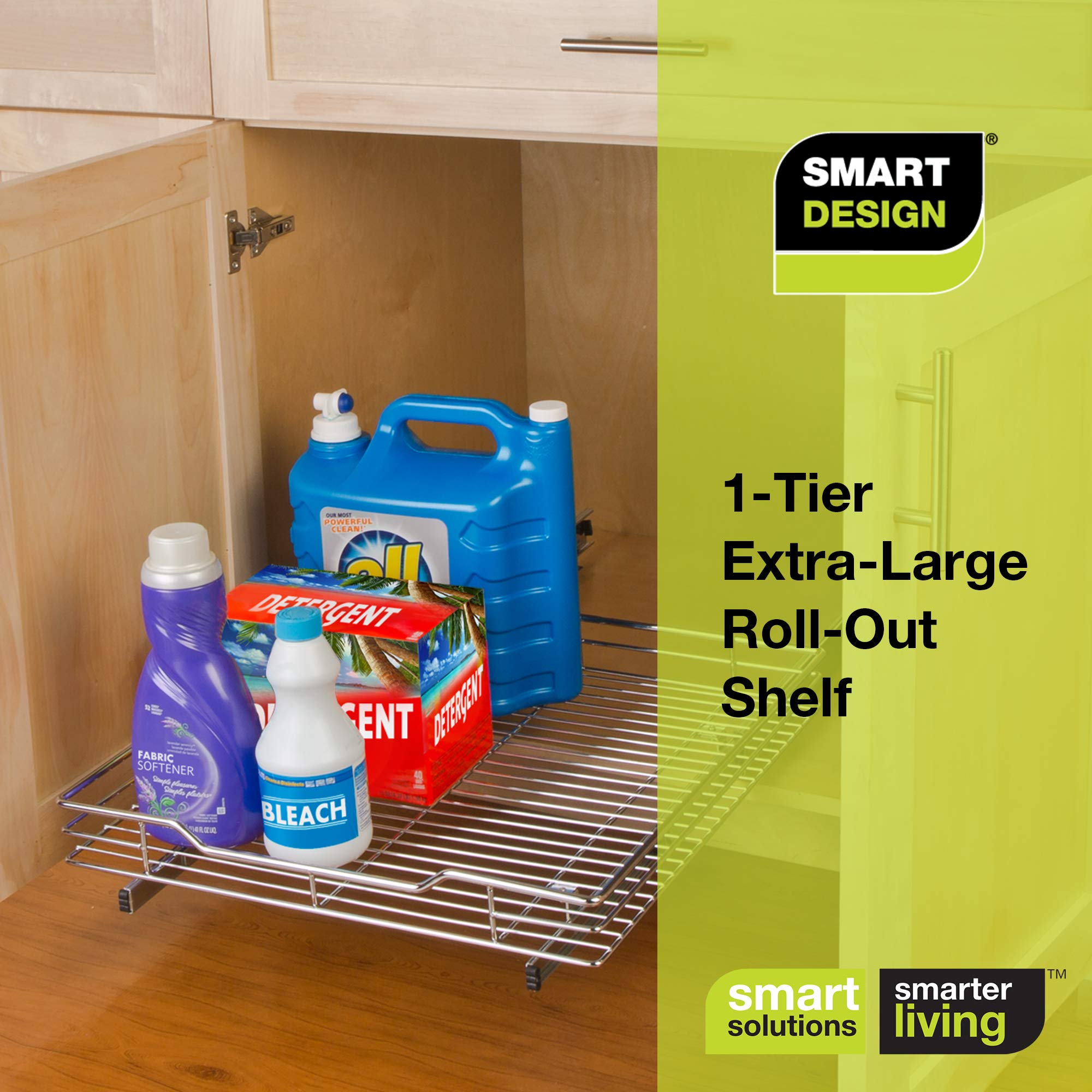 Smart Design Pull-Out Cabinet Organizer β Single Level Chrome, Extra Large β Steel Sliding Cabinet Organizer Holds Up To 100 lbs. for Optimal Home Organization and Storage