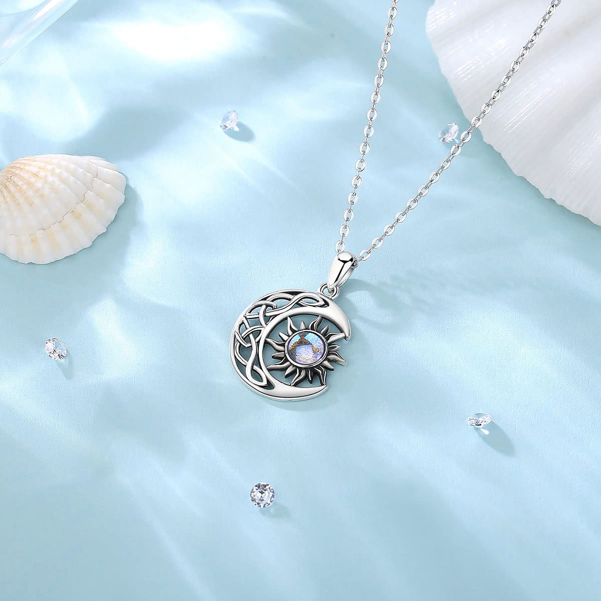 Vito Celtic Moon and Sun Necklace for Women, Sterling Silver Vintage Crescent Pendant Oxidized Moonstone Jewelry Gift for Wife, 18 Inch Chain