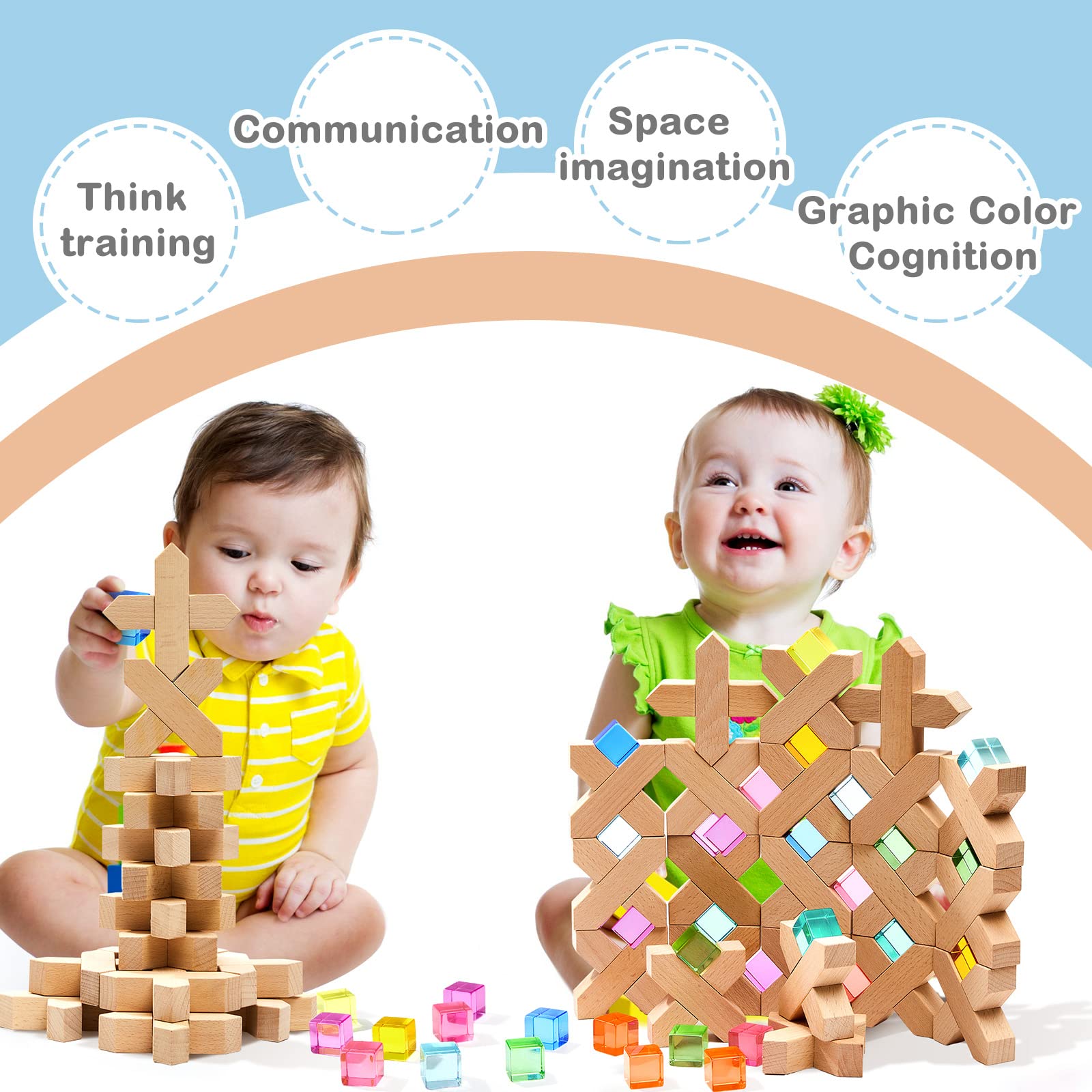 Wood Rainbow Building Blocks Set 60 Pcs Rainbow Acrylic Gem Cubes Blocks 32 Pcs X Shaped Wood Building Blocks Preschool Colorful Learning Educational Rainbow Stacking Toy for toddlers with Storage Box