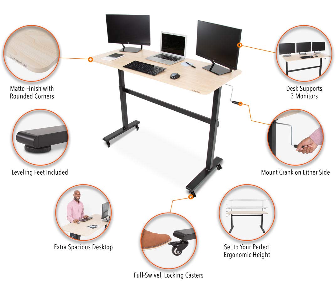 Stand Steady Tranzendesk | 55 Inch Standing Desk with Detachable Wheels | Crank Height Adjustable Sit to Stand Workstation | Modern Ergonomic Desk Supports 3 Monitors (Maple)