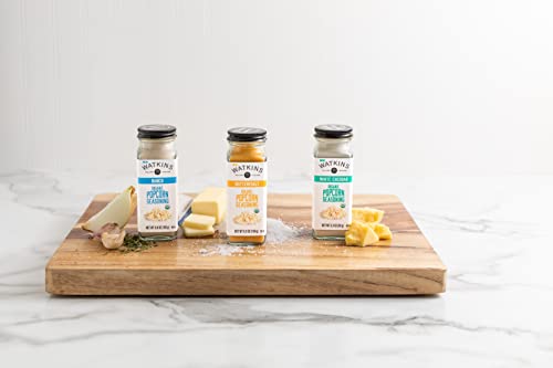 Watkins Popcorn Seasoning Multi-Flavor Variety Pack, 3-Pack (1 White Cheddar 3.3 oz., 1 Butter/Salt 5.3 oz., 1 Ranch 3.6 oz.)
