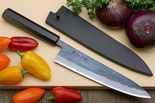 Yoshihiro Kurouchi Black-Forged Blue Steel Stainless Clad Gyuto Chefs Knife and Petty Utility Knife 2pc Set Ebony Handle (Gyuto 210mm & Petty 135mm)
