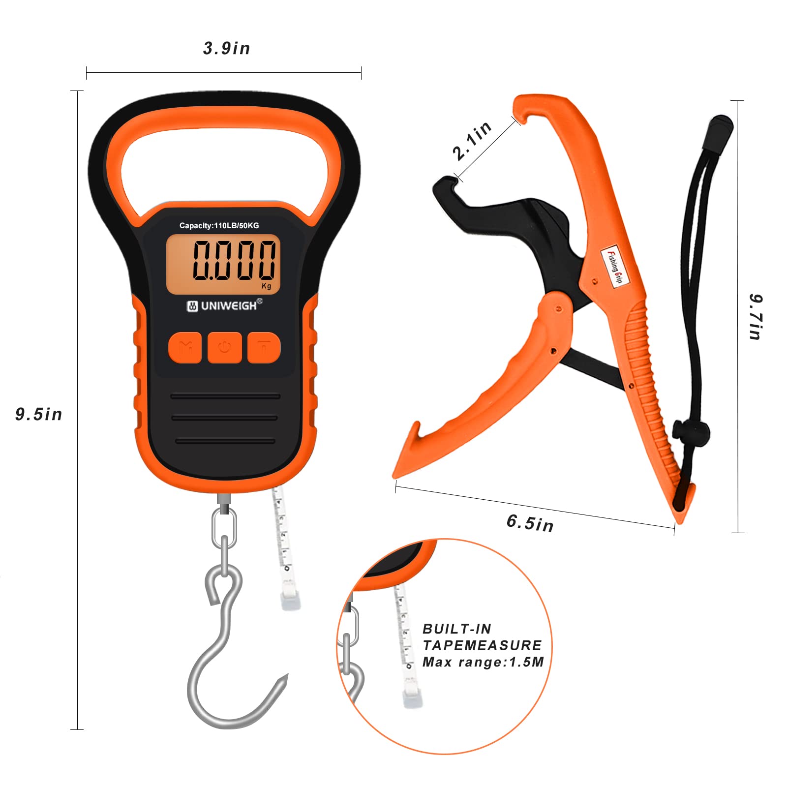UNIWEIGH Digital Fishing Scale with Lip Gripper,Tape and Ruler,110lb/50kg Postal Hanging Luggage Scale with Hook,Waterproof Handing Scale for Home and Outdoor(Orange)