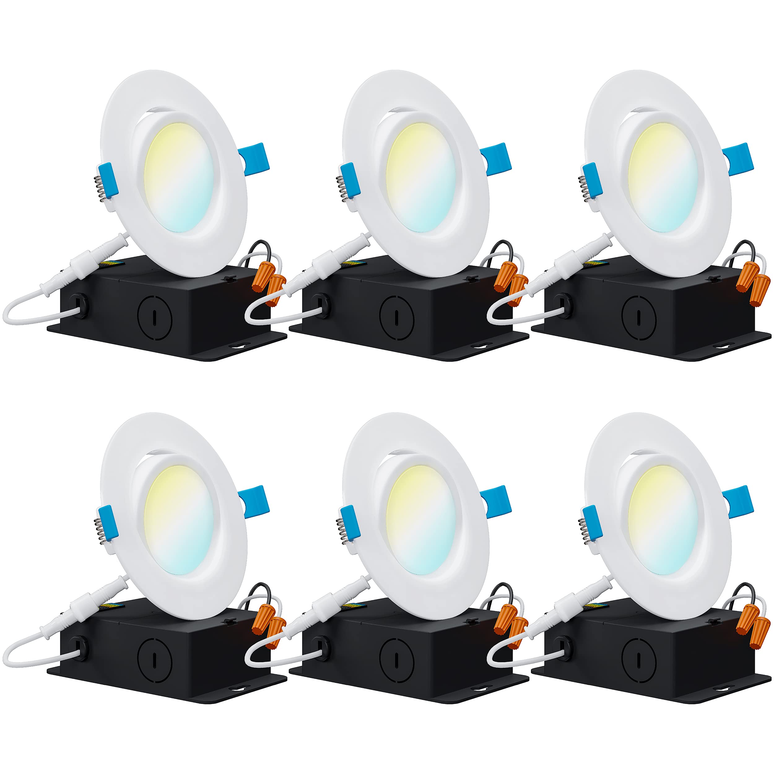 Sunco Lighting 6 Pack Recessed LED Lights Canless 4 Inch Eyeball Gimbal 12W, Selectable 2700K/3000K/3500K/4000K/5000K, Angled Directional Light with Jbox, Ultra Slim Dimmable, ETL