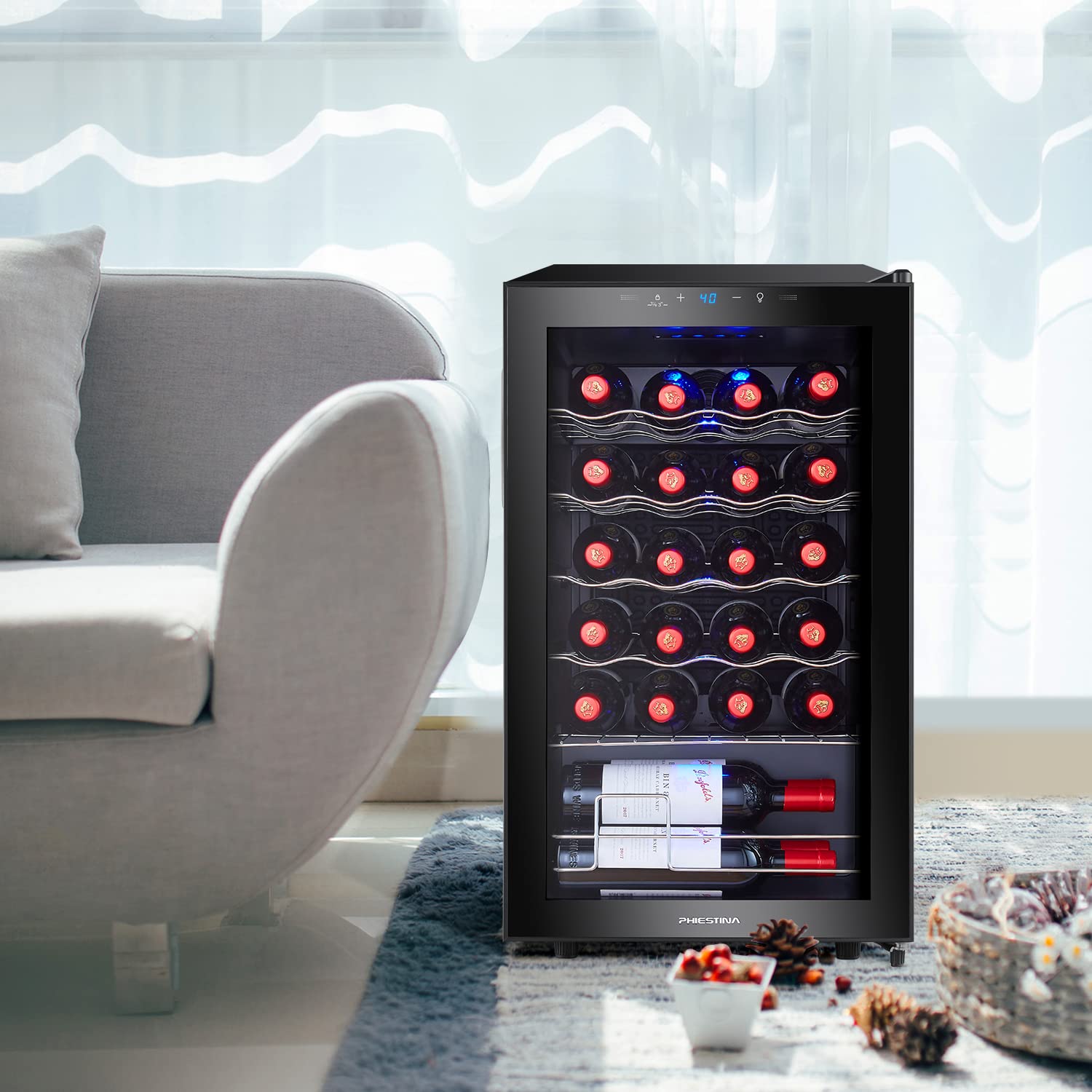 Phiestina Wine Cooler Beverage Refrigerator Freestanding Wine Refrigerator,24 Bottles or 20 Bottles 14 cans Beer Fridge,Removable Shelves Interior Lighting Digital Touch Control for Home/Bar/Office