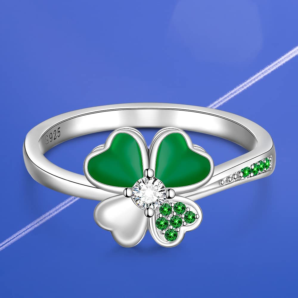 Talonior Irish Clover Ring for Women Sterling Silver St Patricks Day Gifts Shamrock Four Leaf Jewelry Green Holiday Prom Rings Size 8