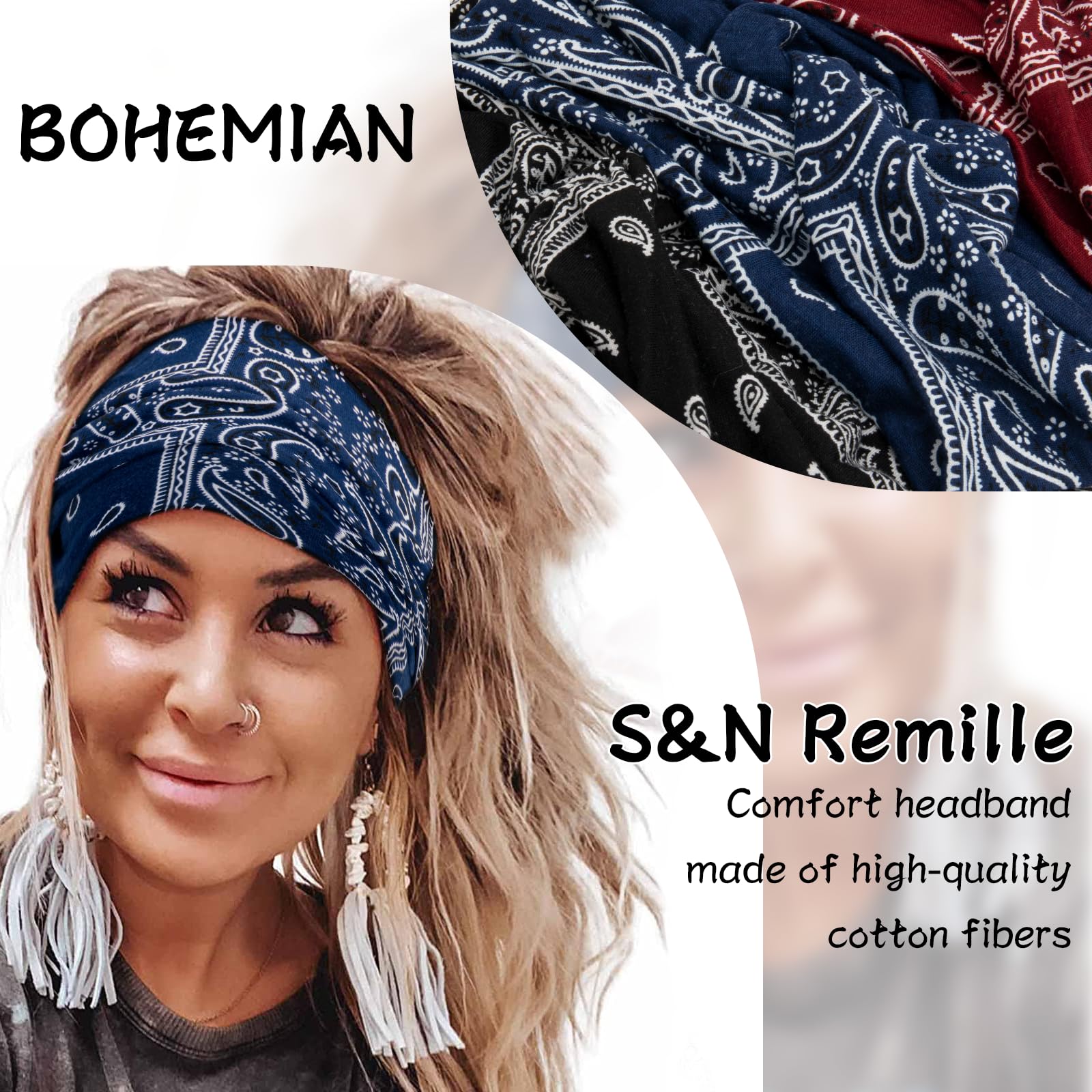 S&N Remille Wide Boho Headbands for Women Extra Large Turban Headband Hairband Hair Twisted Knot Accessories，3 Pack (Set-4)