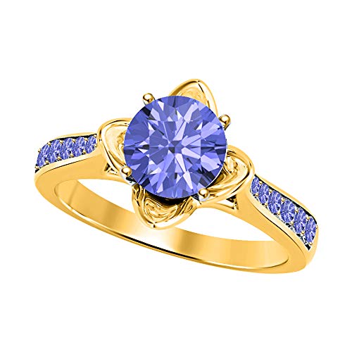SVC-JEWELS Round Cut 14K Yellow Gold Over .925 Sterling Silver Created Tanzanite Engagement Ring for Women's (5)