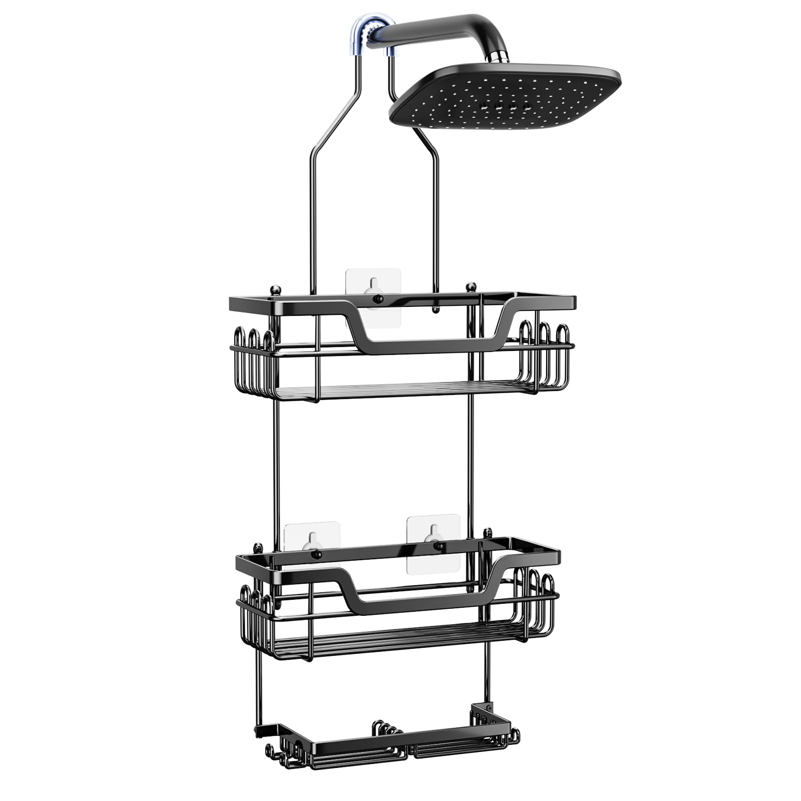 SWTYMIKI 3 Tier Rustproof Hanging Shower Caddy with 16 Hooks & Dual Soap Holder, Large Capacity Over Shower Organizer for Bathroom Shower Room, Black