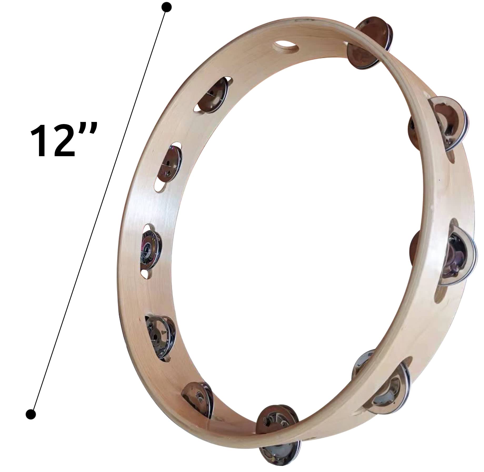 Tambourine 12 inches 10 Pairs of Metal Jingles, Headless, Wooden Frame