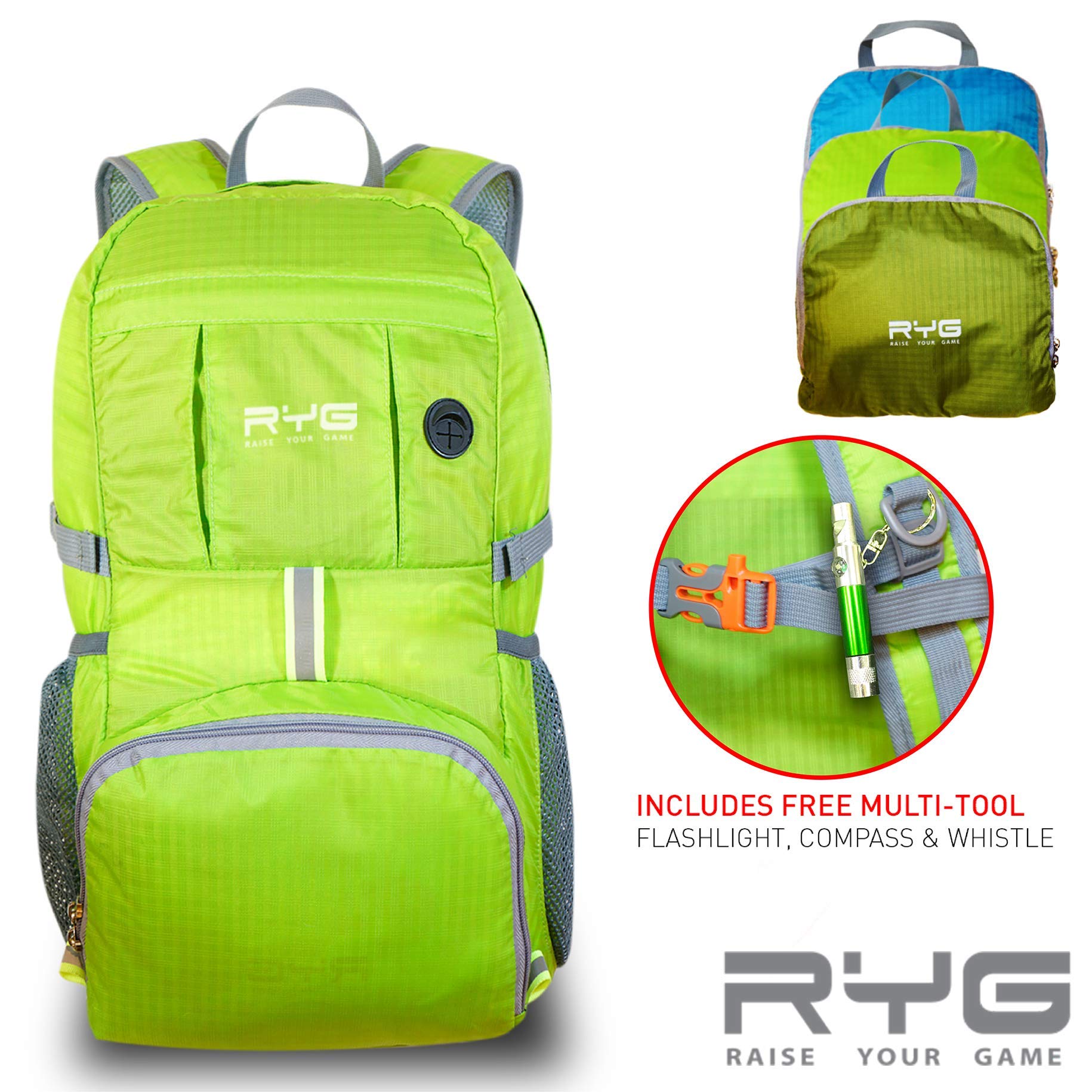 RYG Lightweight Packable Daypack Backpack with Portable Hammock Set for Camping Travel and Outdoor Hiking Day Trips (Neon Green)