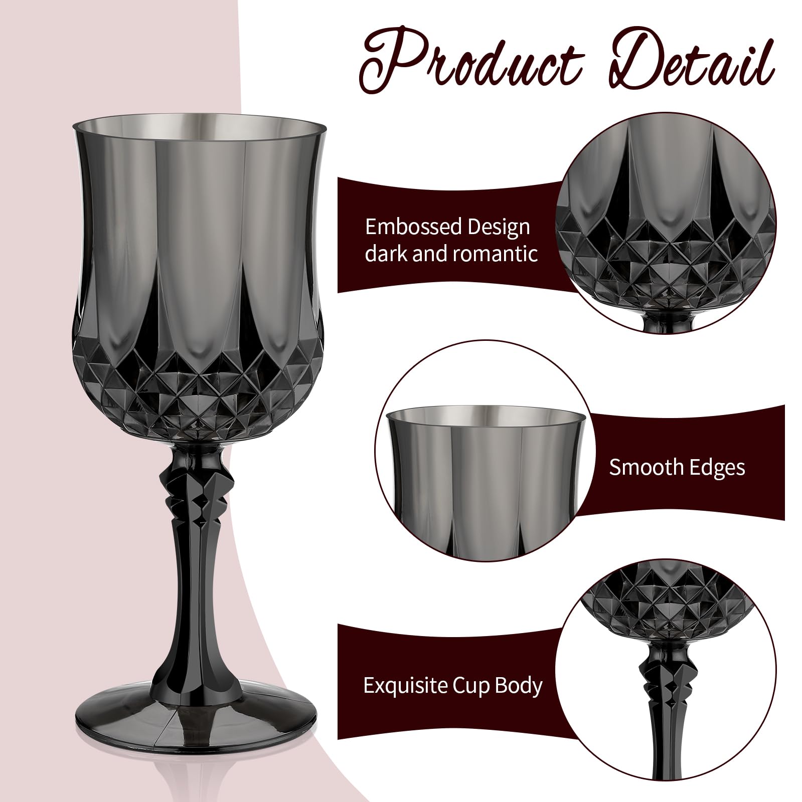 SHIQIKEJIPTY Black Wine Glasses Champagne flutes glasses Patterned Goblet Glass Plastic Vintage Wine Goblets Retro Stemware Glassware Set for Holloween Wedding Reception Grand Event Party (16)