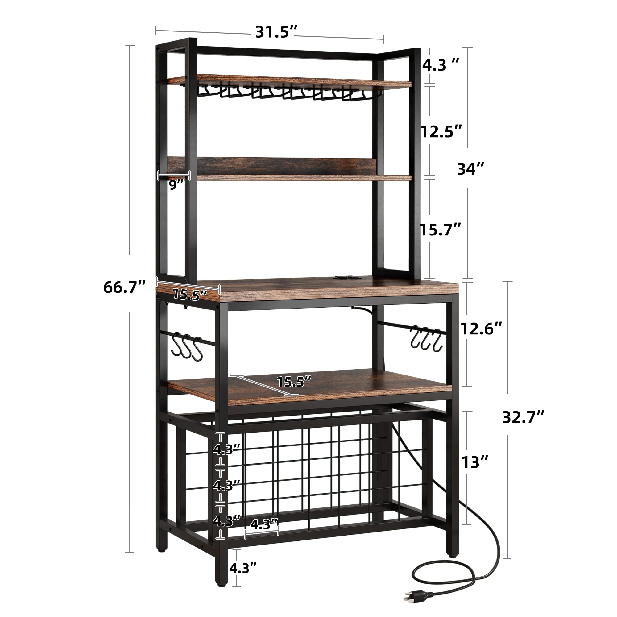 YITAHOME Kitchen Microwave Bakers Stand with Wine Rack, Wine Rack Freestanding Floor, Small Storage Shelves for Liquor Bottle Glasses Power Outlet Farmhouse Coffee Bar 31 Inch, Rustic Brown