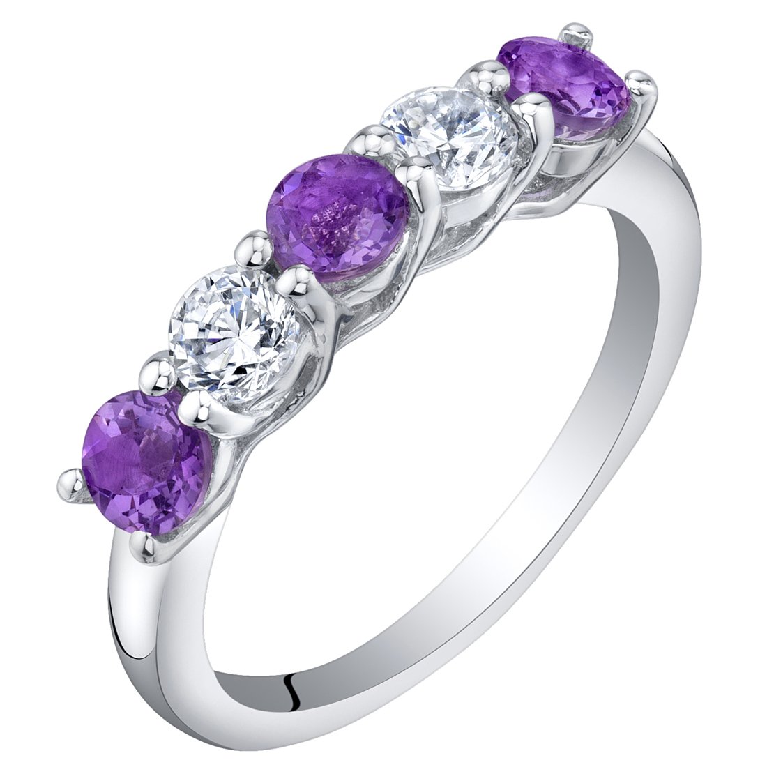 PEORA Amethyst Five-Stone Trellis Ring Band for Women, Natural Gemstone Birthstone, 0.50 Carat total Round Shape, Size 8