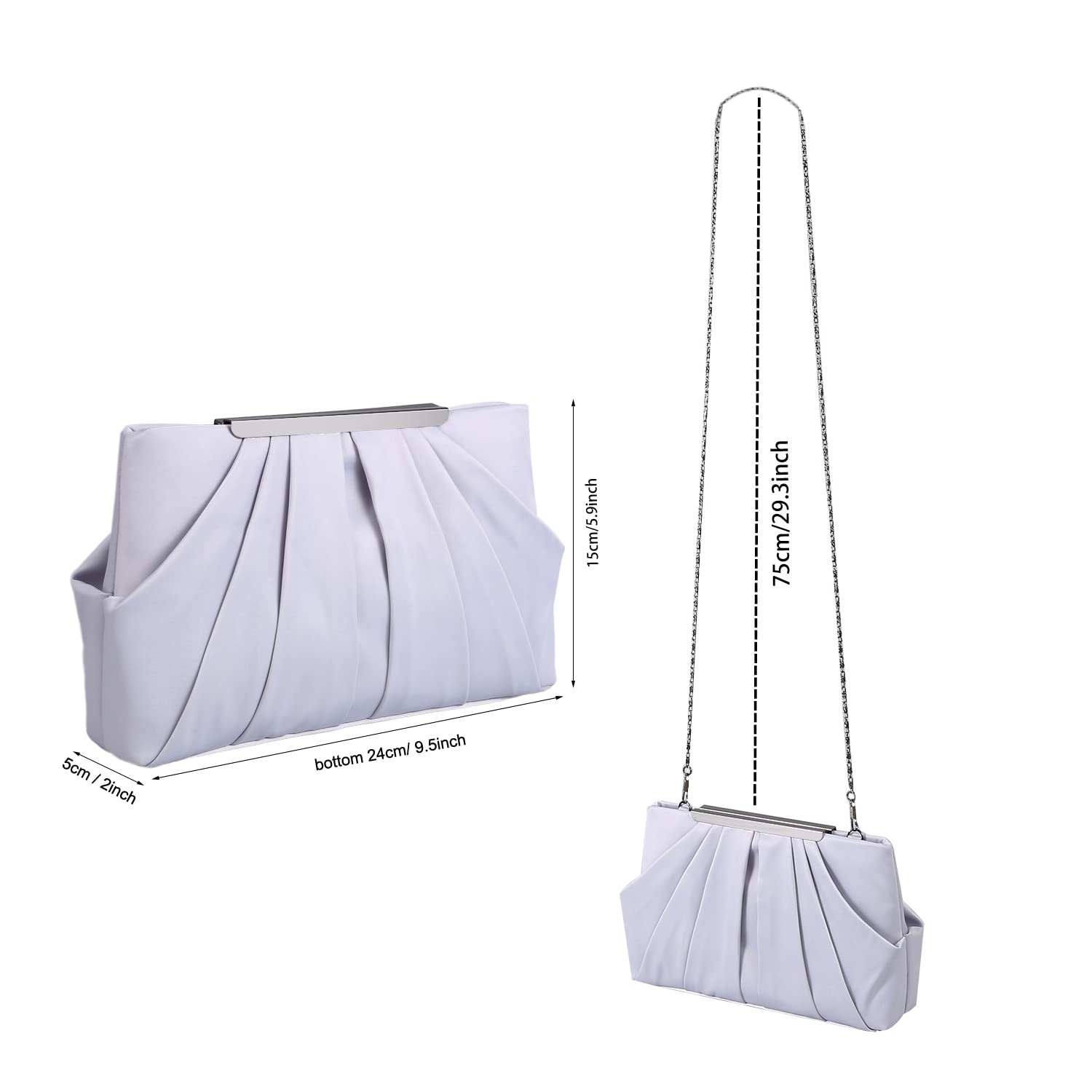 sioglam Classic Pleated Satin Clutch Bag Cross Body Evening Bag Elegant Matte Satin With Detachable Chain Strap for Women