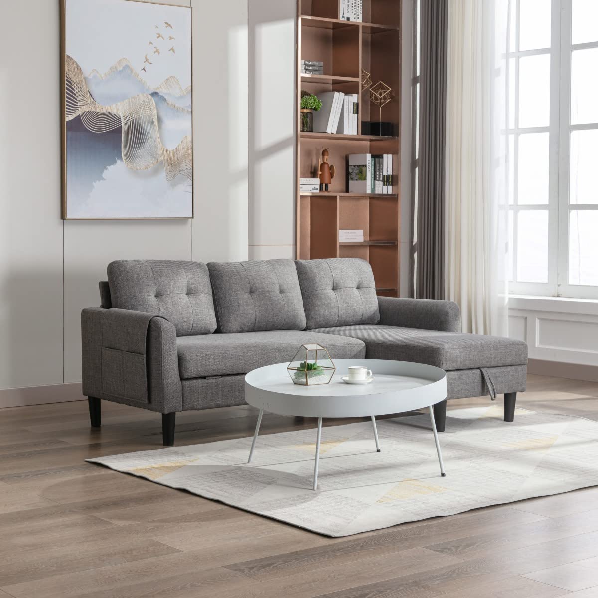 PEIHONGET Sectional Sleeper Sofa with Pull Out Bed, 3-Seater Sofa Couch with Storage Modern L-Shaped Sofa Bed with Chaise Lounge for Small Spaces, Living Room (Light Gray+Polyester)