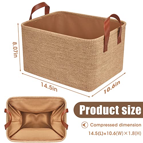 Sarmyarc 2 pieces of fabric storage bins, foldable jute woven storage basket with leather handle for easy access, storage bins for organizing closets, shelves and living rooms.