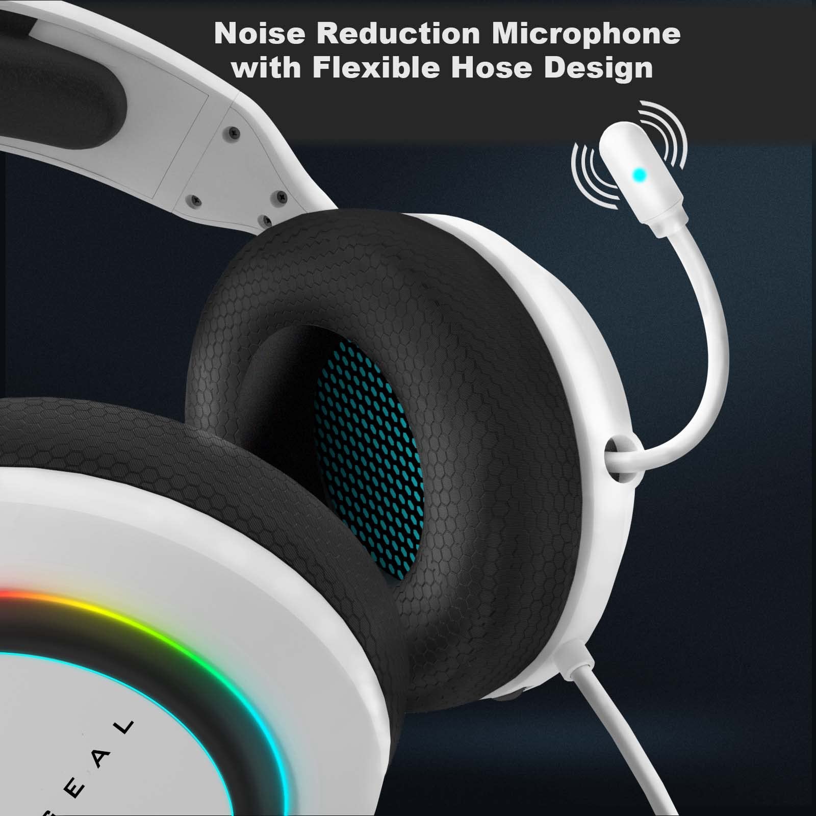 targeal 7.1 Surround Sound Gaming Headset for PS5, PS4, Switch, PC, Laptop, Tablet, Mobile Phone - USB Wired Gamer Headphone with Noise Canceling Mic - 4 Modes RGB - White Headset with C Cable