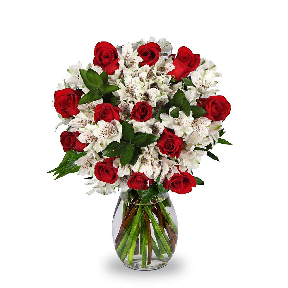 Red and White Flower Bouquet- Roses and Alstroemerias with Greens- Fresh Flower Arrangement