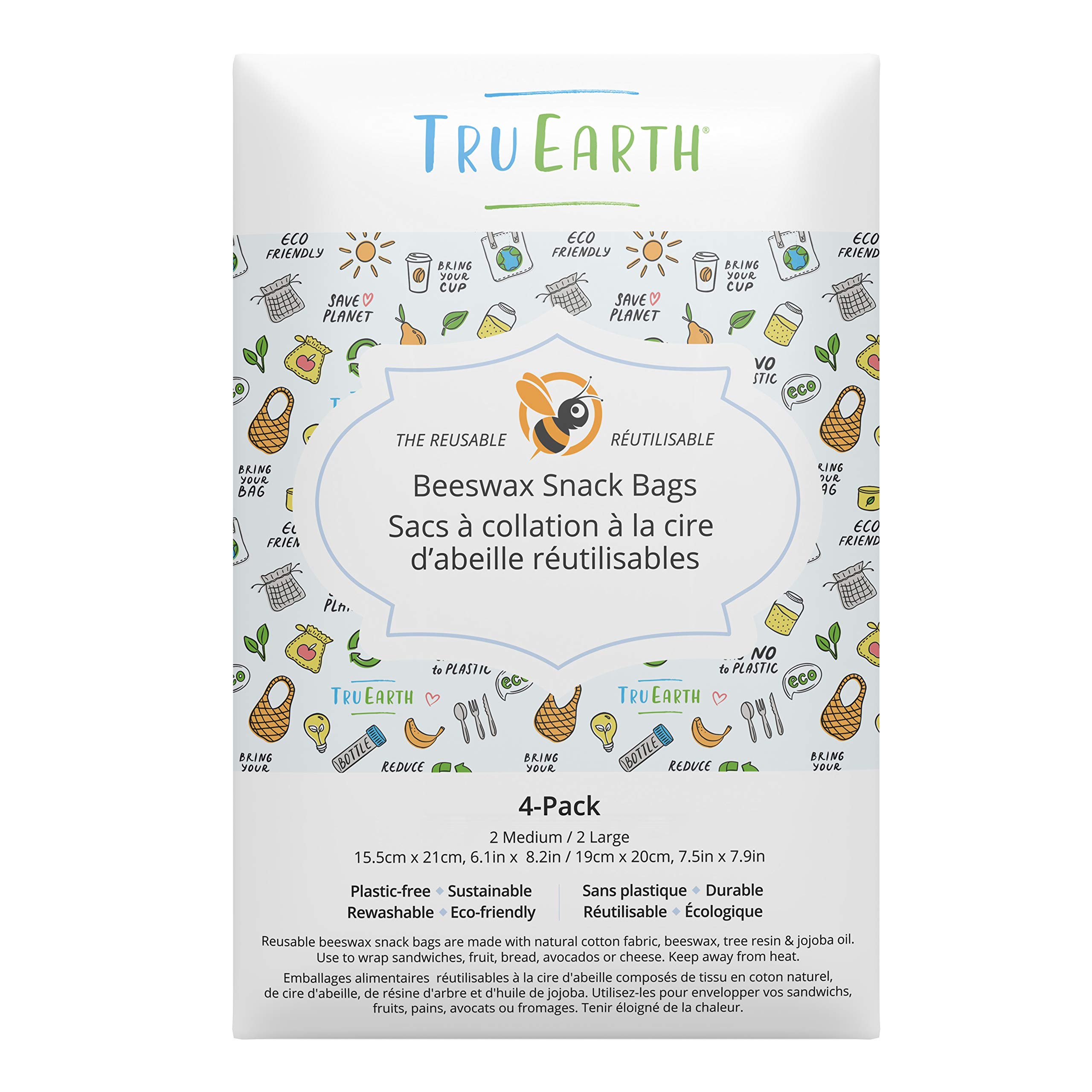 Tru Earth Beeswax Snack Bags | Reusable | Zero-Waste Beeswax | Contains 2 Medium & 2 Large Bags