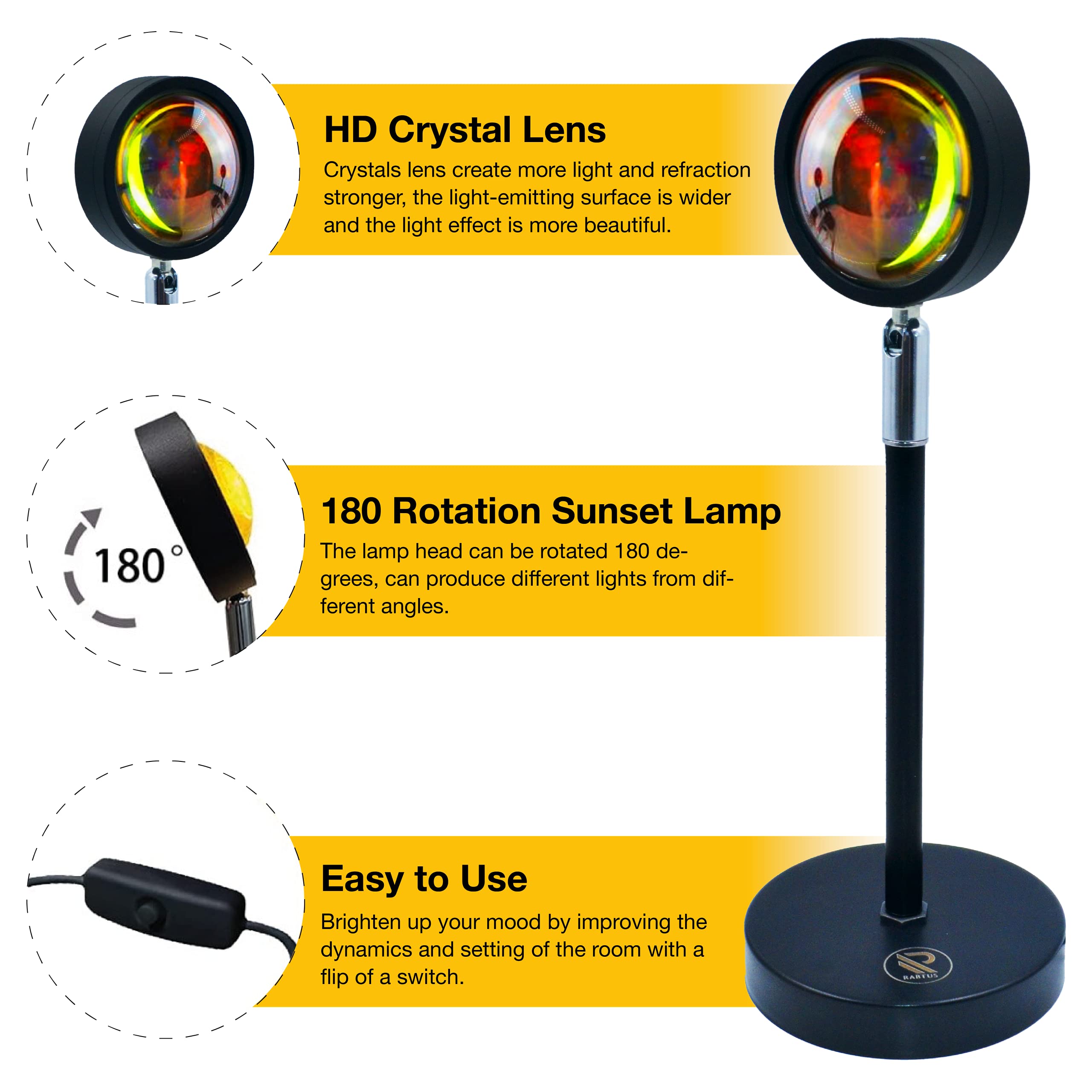 Sunset Lamp LED Sunset Projection Lamp 180 Degree Rotation Adjustable Height Night Rainbow Light USB Projector Golden Hour Artistic Sunlight Lamp Home Living Room Décor Sunset Light for Photography