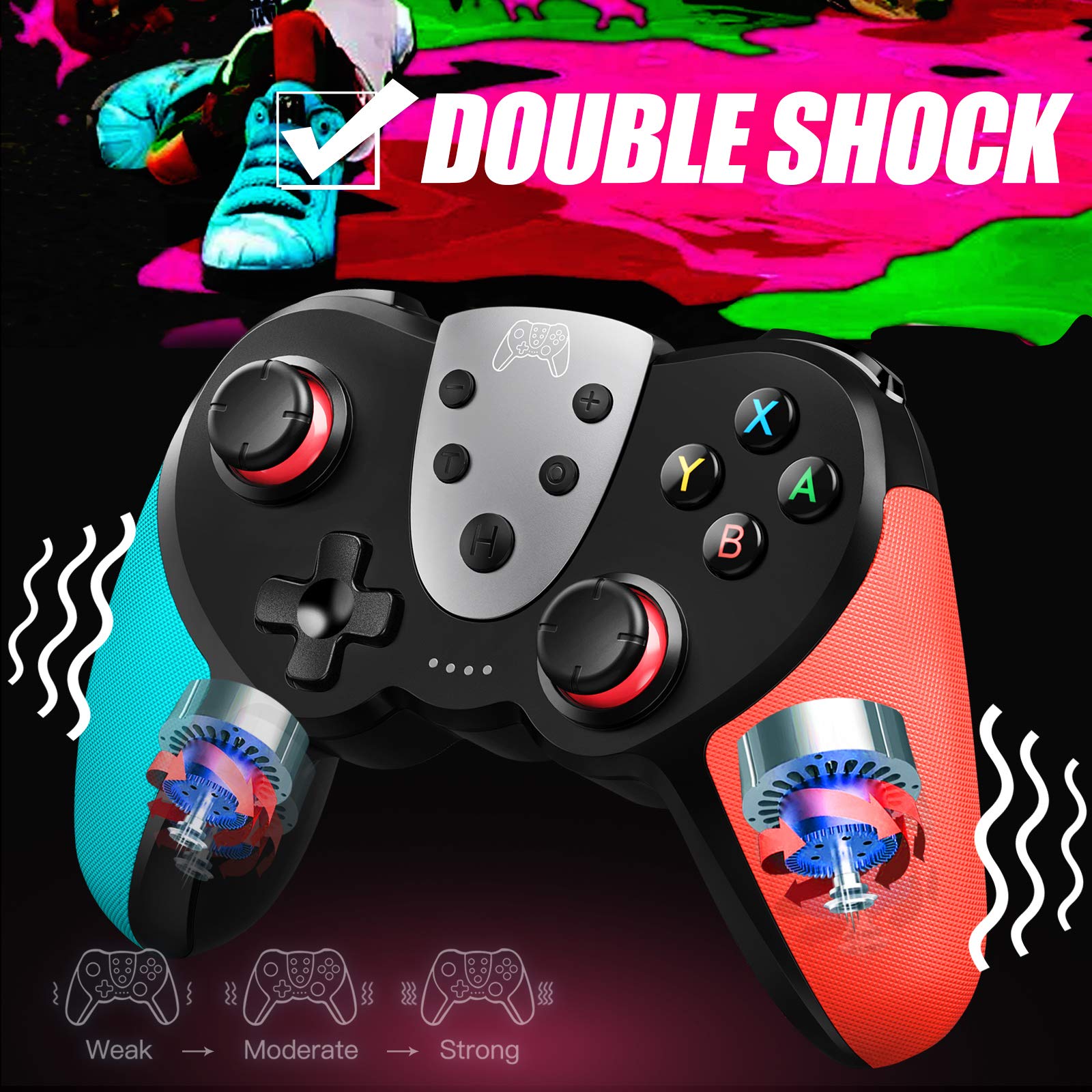 TERIOS Wireless Pro Controller Compatible with Switch/Switch Lite/Switch OLED - Premium Joypad for Video Games - 3 Levels of Turbo Speed - Adjustable Vibration Intensity - Wake up Function (Blue/Red)
