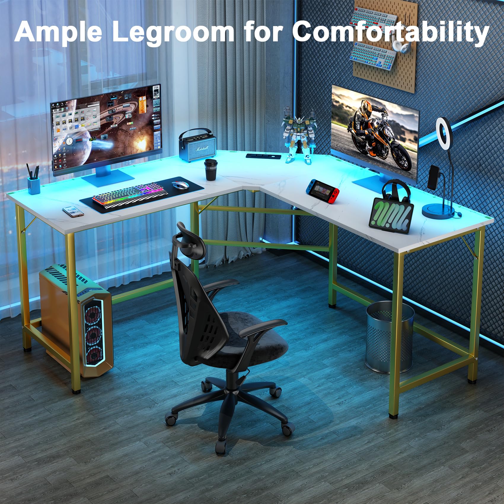 Mr IRONSTONE L Shaped Gaming Desk with LED Lights and Power Outlets 59 Inch Computer Desk with Large Desktop Space Saving Home Office Writing Desk White Marble
