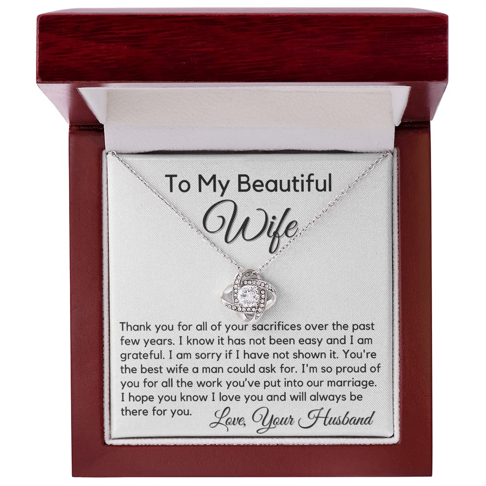 Wife Love Knot Necklace - Wife Birthday Gift Ideas, Womens Jewelry Gifts For Wife Romantic To My Beautiful Soulmate Necklace Mothers Day Gifts, My Lovely Wife Best Wife Valentine's Day Gifts, Christmas Gifts, Xmas Mahogany Style Luxury Box (w/LED)