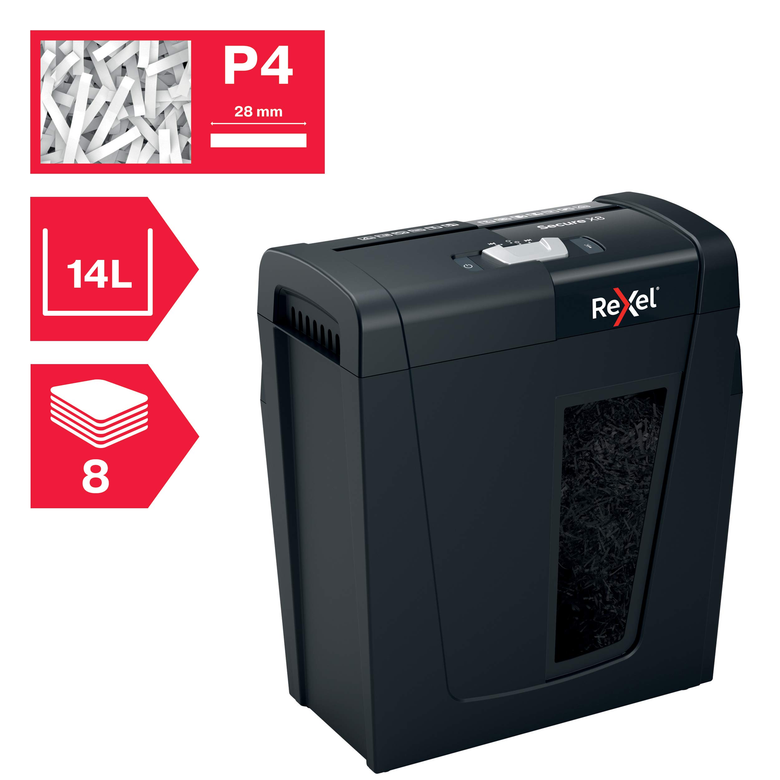 Rexel X8 Cross Cut Paper Shredder, Shreds 8 Sheets, P4 Security, Home/Home Office, 14 Litre Removable Bin, Quiet and Compact, Secure Range, 2020123