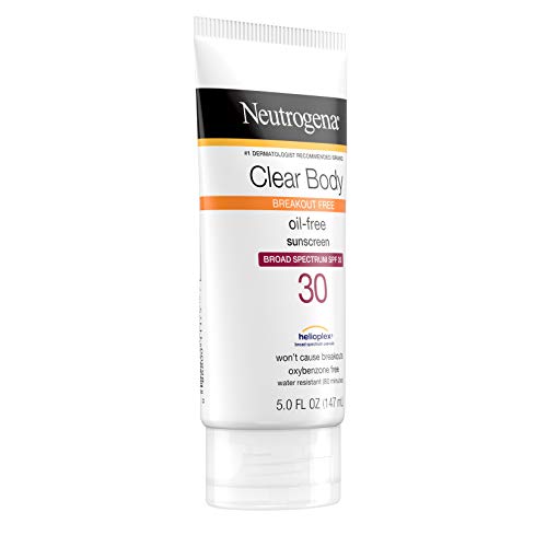 Neutrogena Clear Body Breakout-Free Liquid Sunscreen Lotion for AcneProne Skin, Oil Free Sunscreen, Broad Spectrum SPF 30, Oxybenzone Free, Fragrance Free, Non Comedogenic, Unscented, 5 Fl Oz