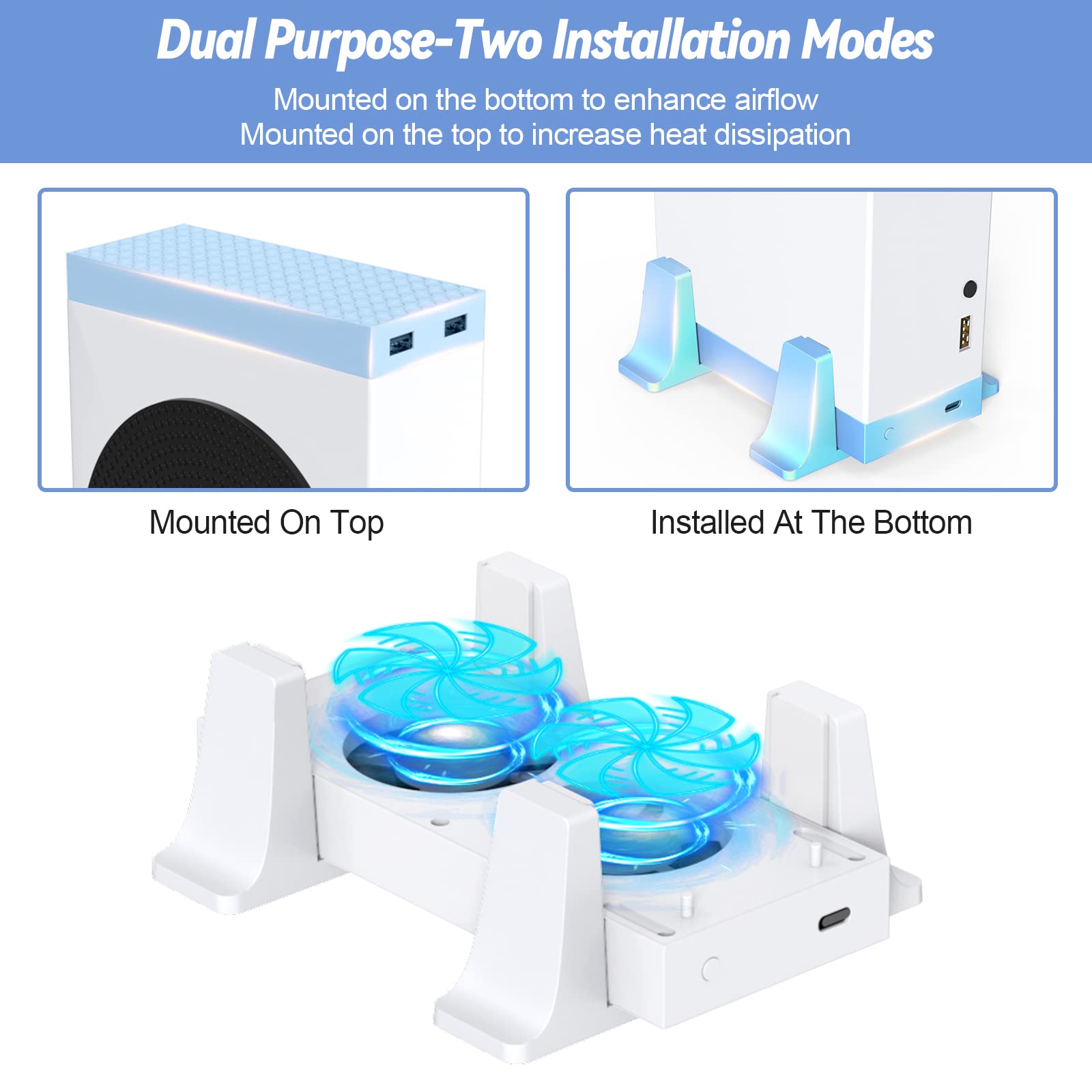 Wiilkac Cooling Fan for Xbox Series S, Dual Console Cooling Fan System, Cooling Stand for Xbox Series S with Adjustable 3 Level Wind & 2 Extra USB Ports, Two Installation Way for Xbox Series S